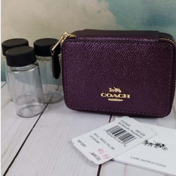 Coach | Bags | Coach Triple Pill Box Metallic Raspberry Leather | Poshmark